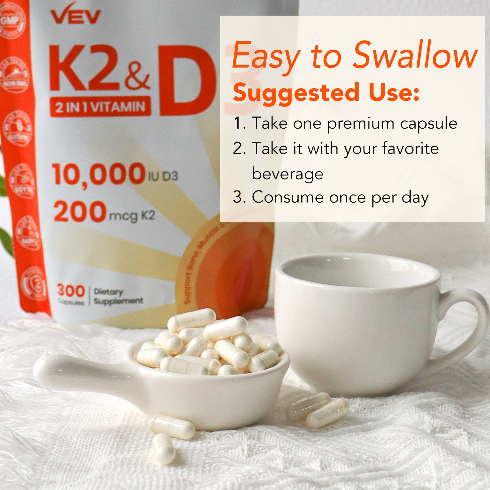 VEV Vitamin D3 K2 – 10,000 IU D3, 200mcg MK7